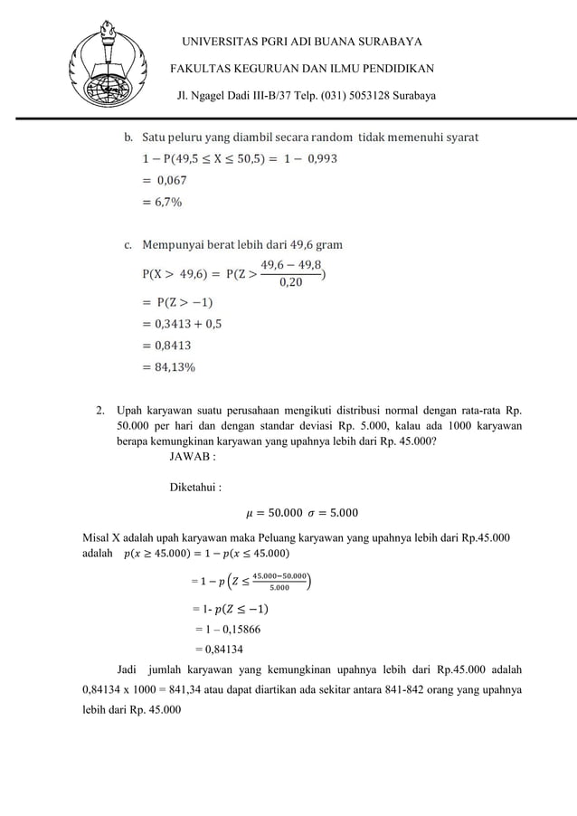 Soal matstat ngagel+jawabannya | PDF
