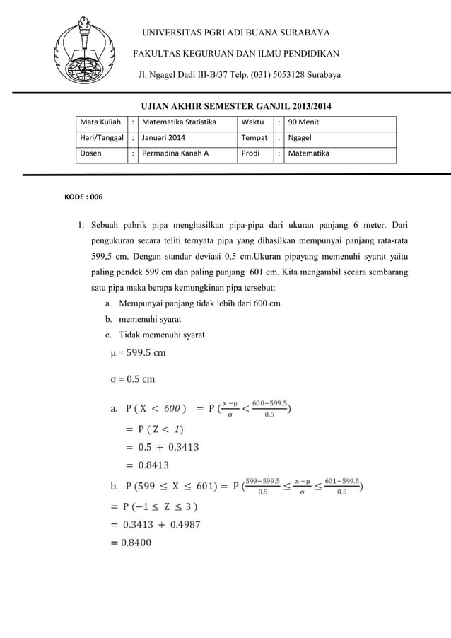 Soal matstat ngagel+jawabannya | PDF