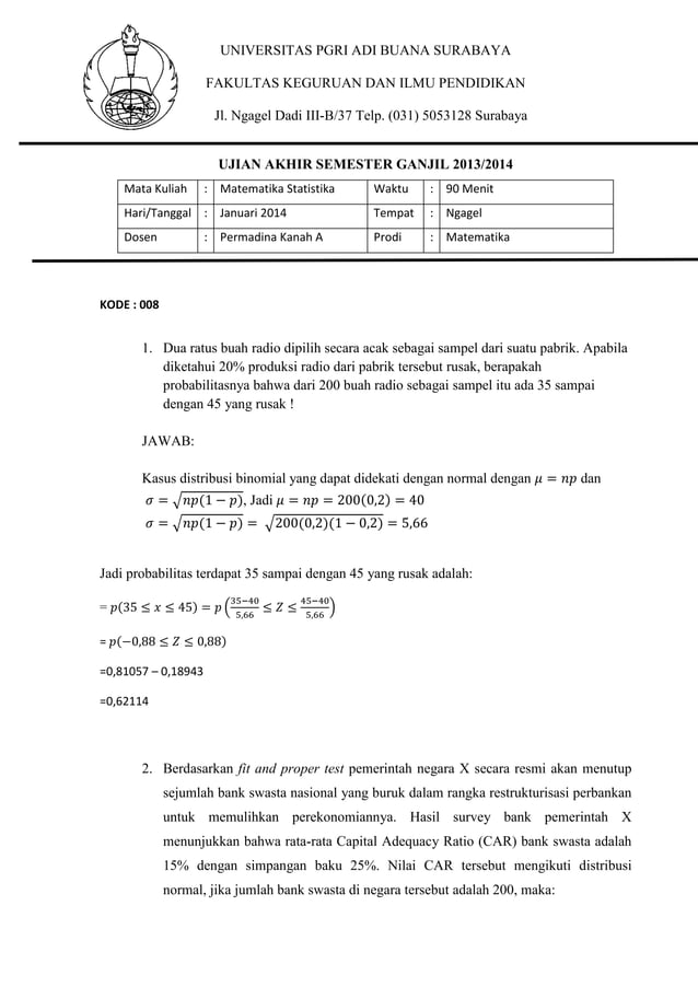 Soal matstat ngagel+jawabannya | PDF