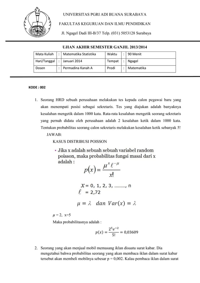 Soal matstat ngagel+jawabannya | PDF