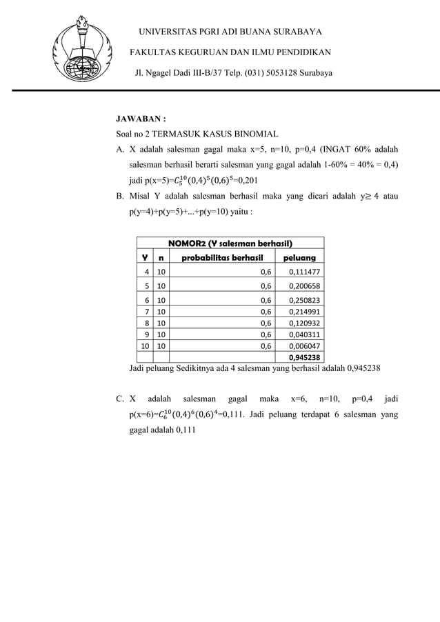 Soal matstat ngagel+jawabannya | PDF