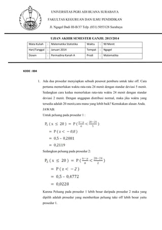 Soal matstat ngagel+jawabannya | PDF