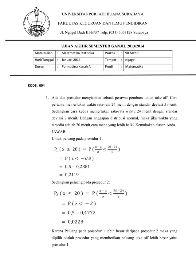 Soal matstat ngagel+jawabannya | PDF