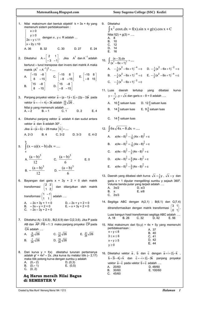 Soal mat xii sma ipa semester 1 a | PDF