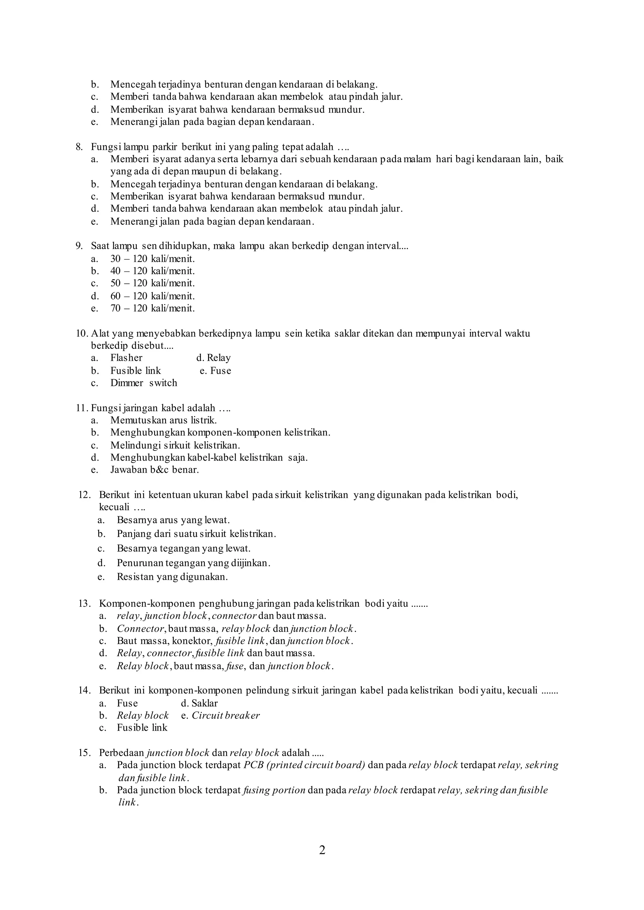 Soal memperbaiki sistem kelistrikan_bodi_mskb_xi_tkr | DOC