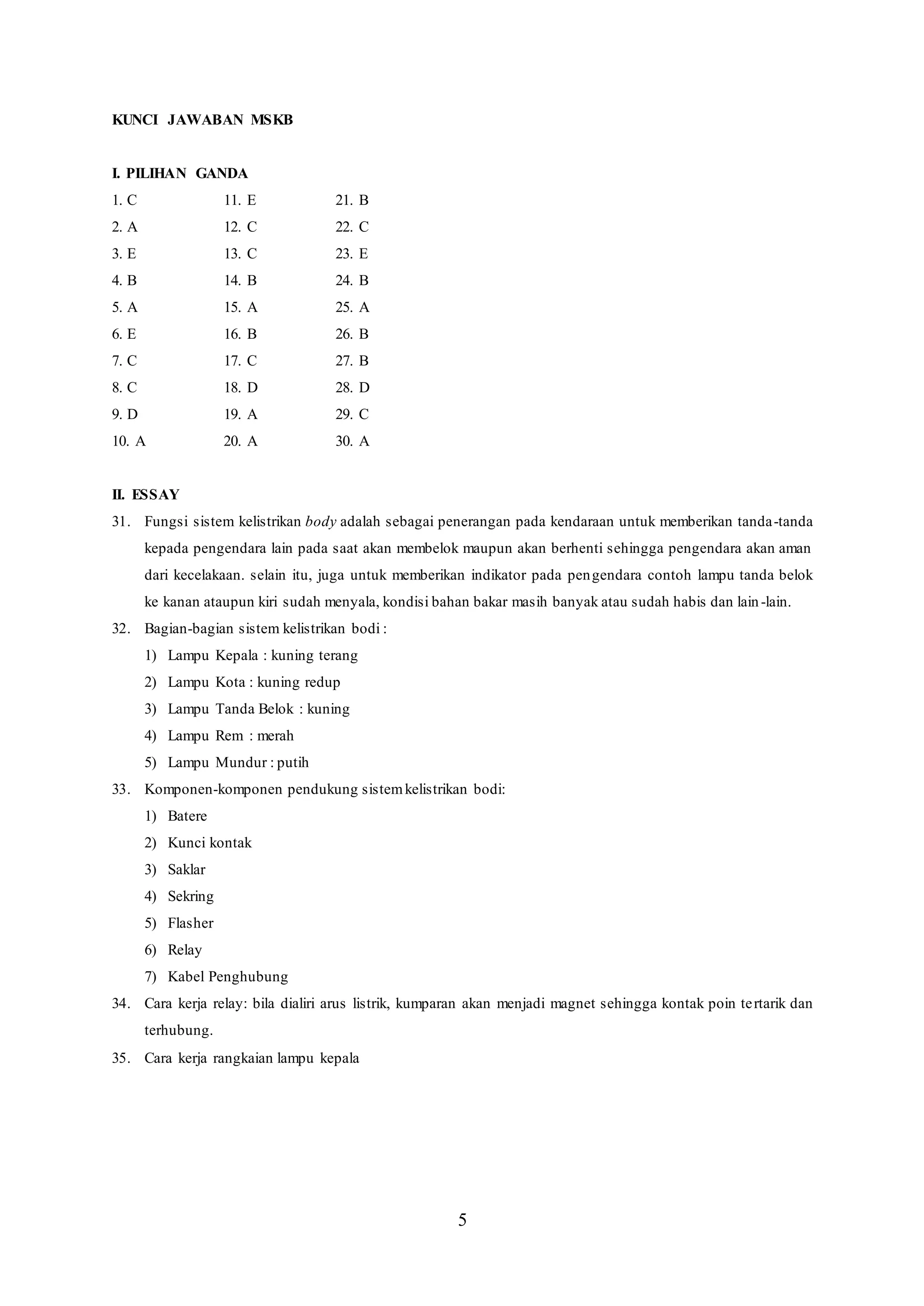 Soal memperbaiki sistem kelistrikan_bodi_mskb_xi_tkr | DOC