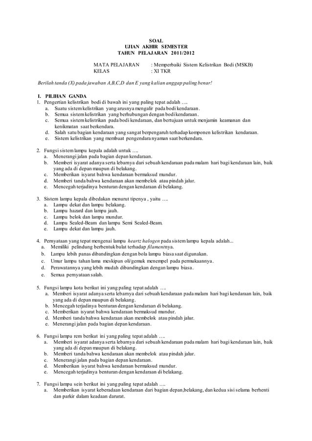 Soal memperbaiki sistem kelistrikan_bodi_mskb_xi_tkr | DOC