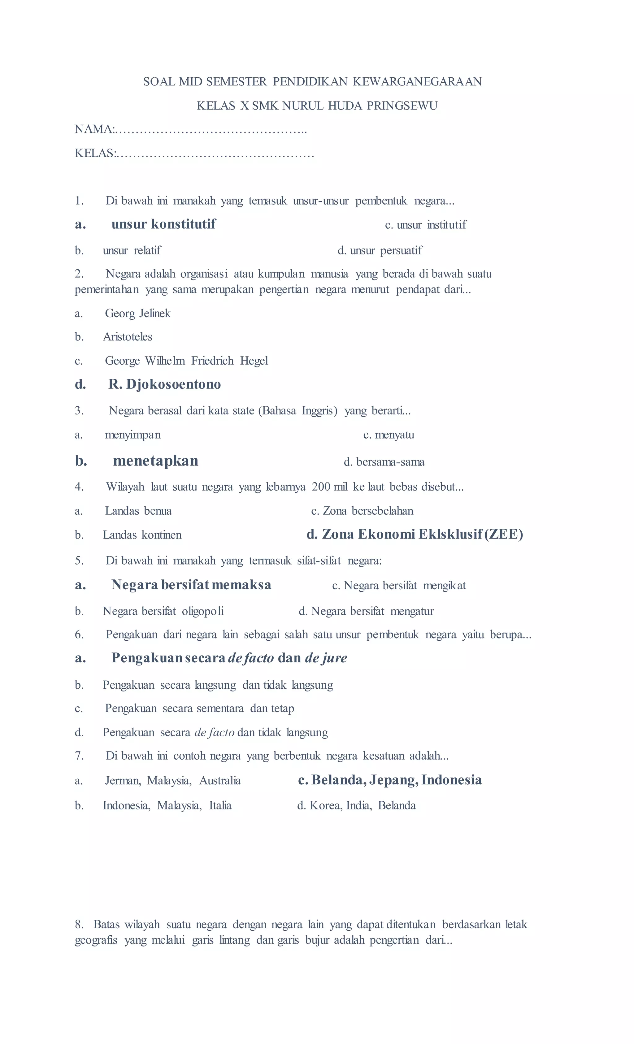 Soal mid semester PKN kelas x | PDF