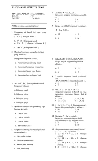 Soal mid kls 7 matematika | PDF