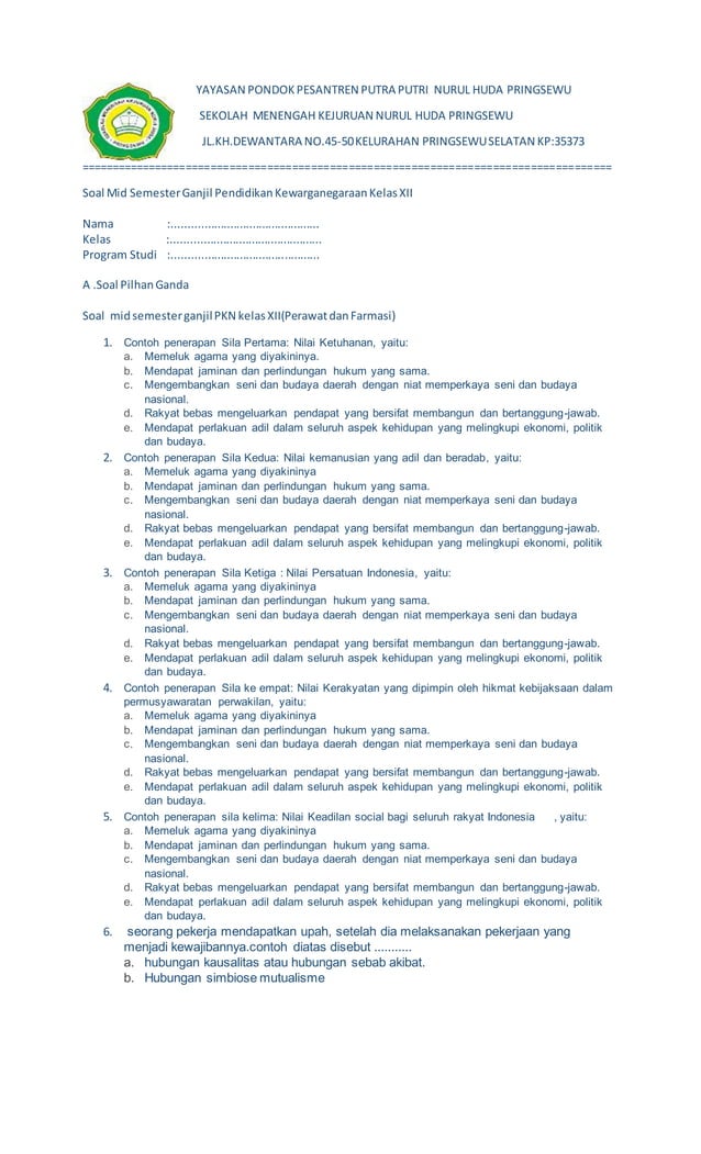 Soal mid semester ganjil pkn kelas xii | PDF