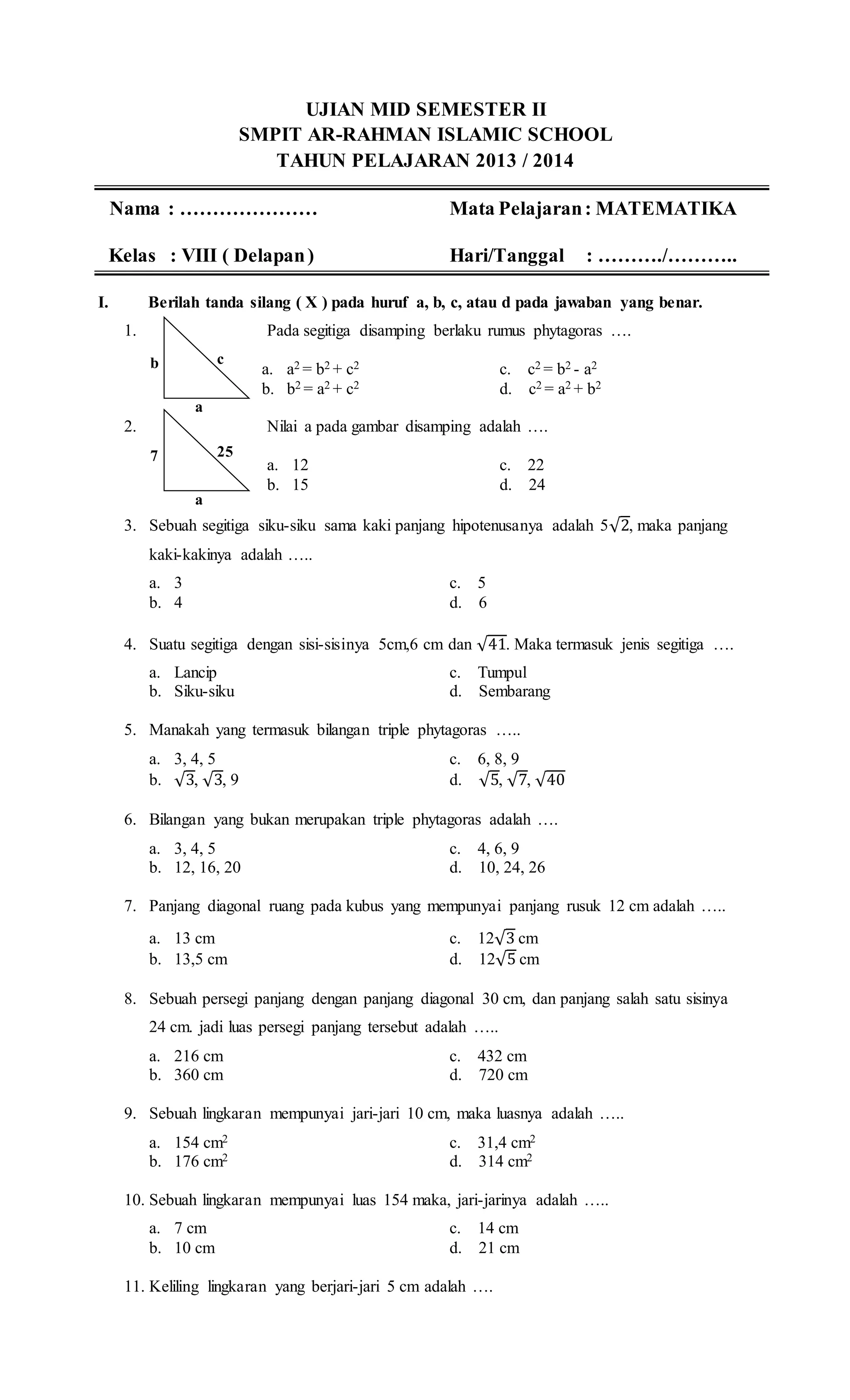 Soal mid semester ii 8 mtk-2013 | PDF