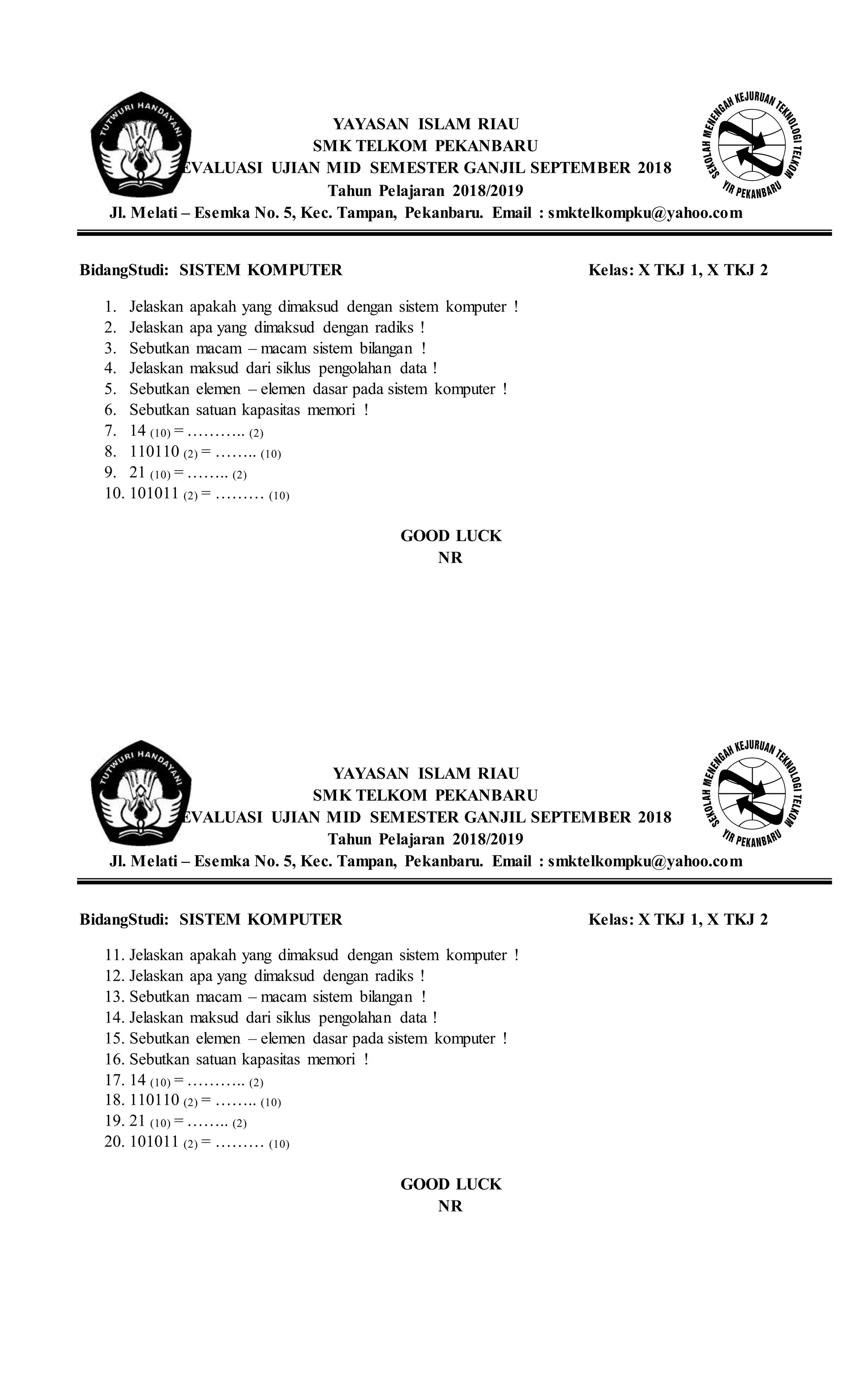 Soal mid sistem komputer 1819 | PDF