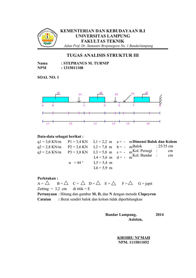 Soal Anstruk 3 2014 T.Sipil UNILA | DOC