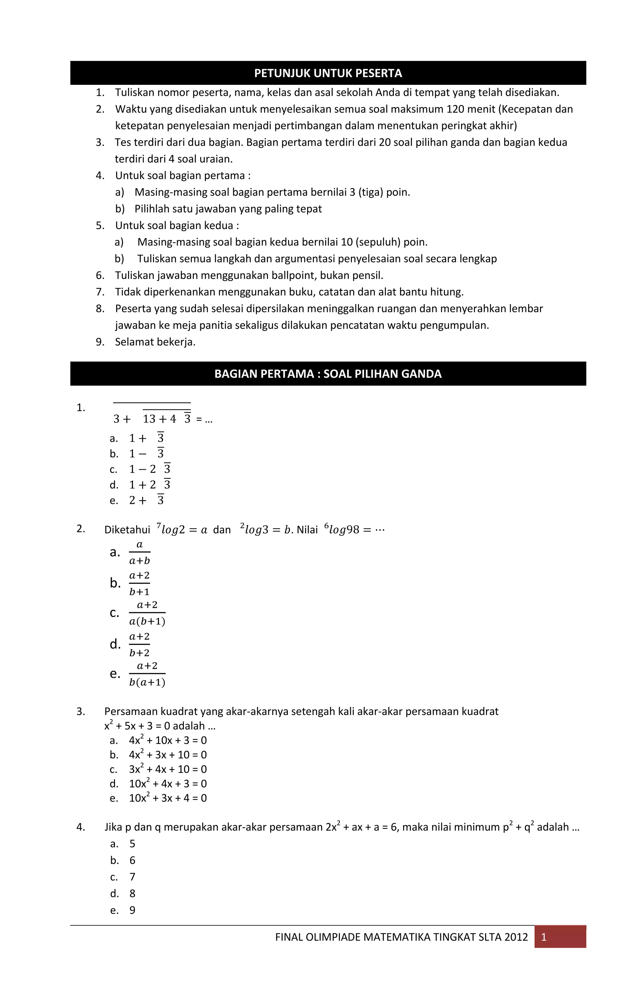 Soal Olimpiade Matematika SMA Tingkat Nasional PDIM UB 2012 | PDF