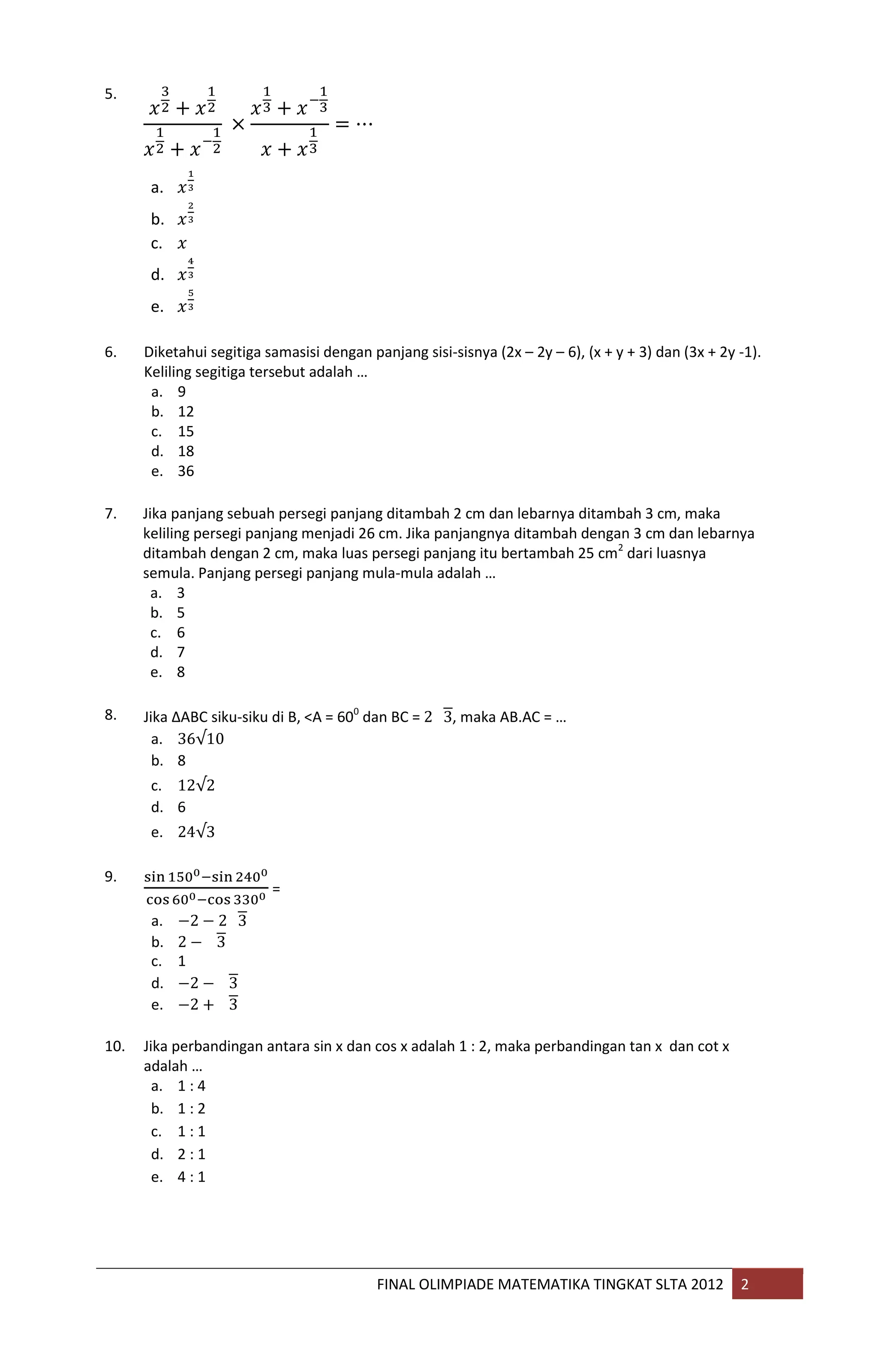 Soal Olimpiade Matematika SMA Tingkat Nasional PDIM UB 2012 | PDF