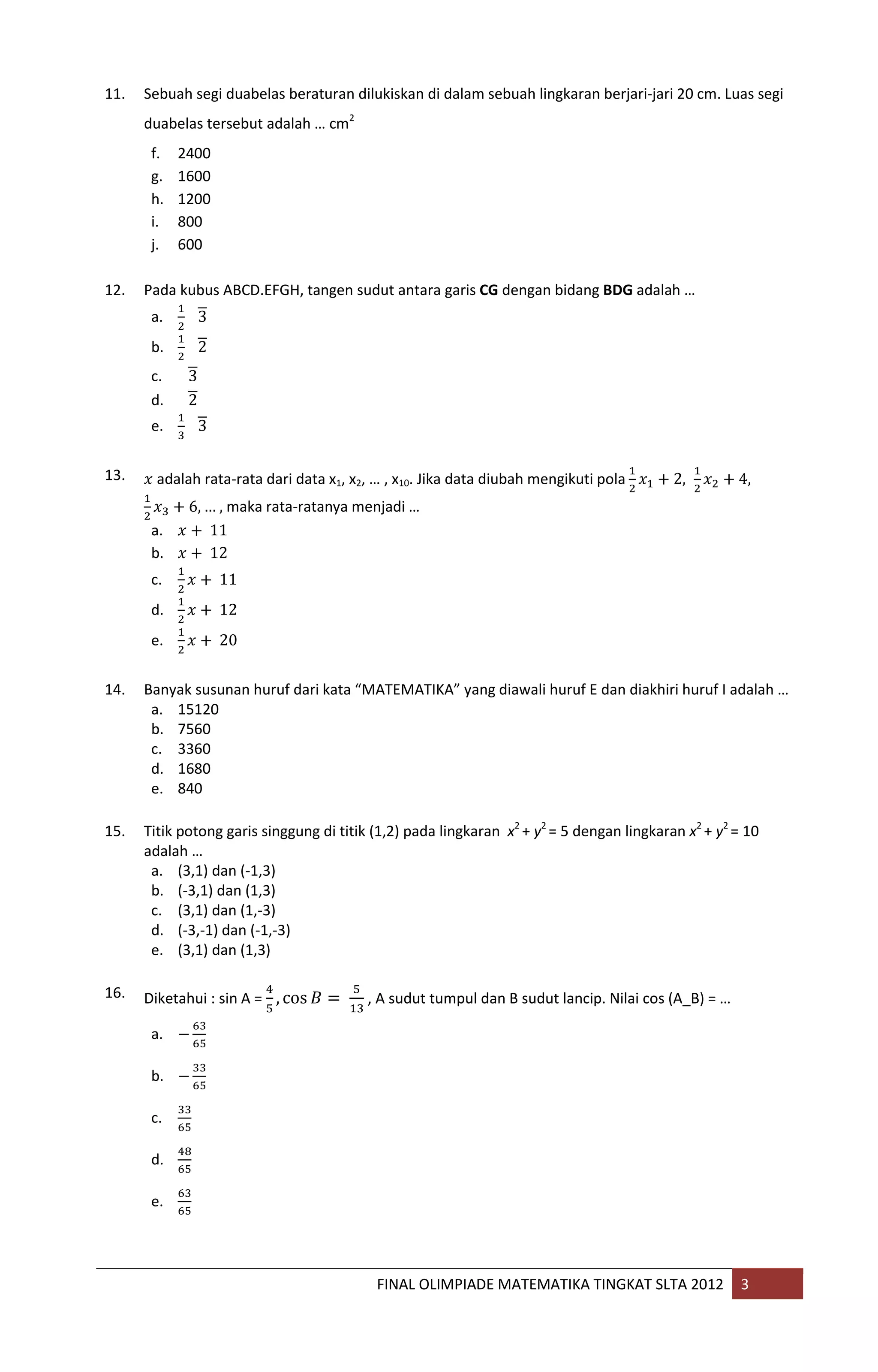 Soal Olimpiade Matematika SMA Tingkat Nasional PDIM UB 2012 | PDF