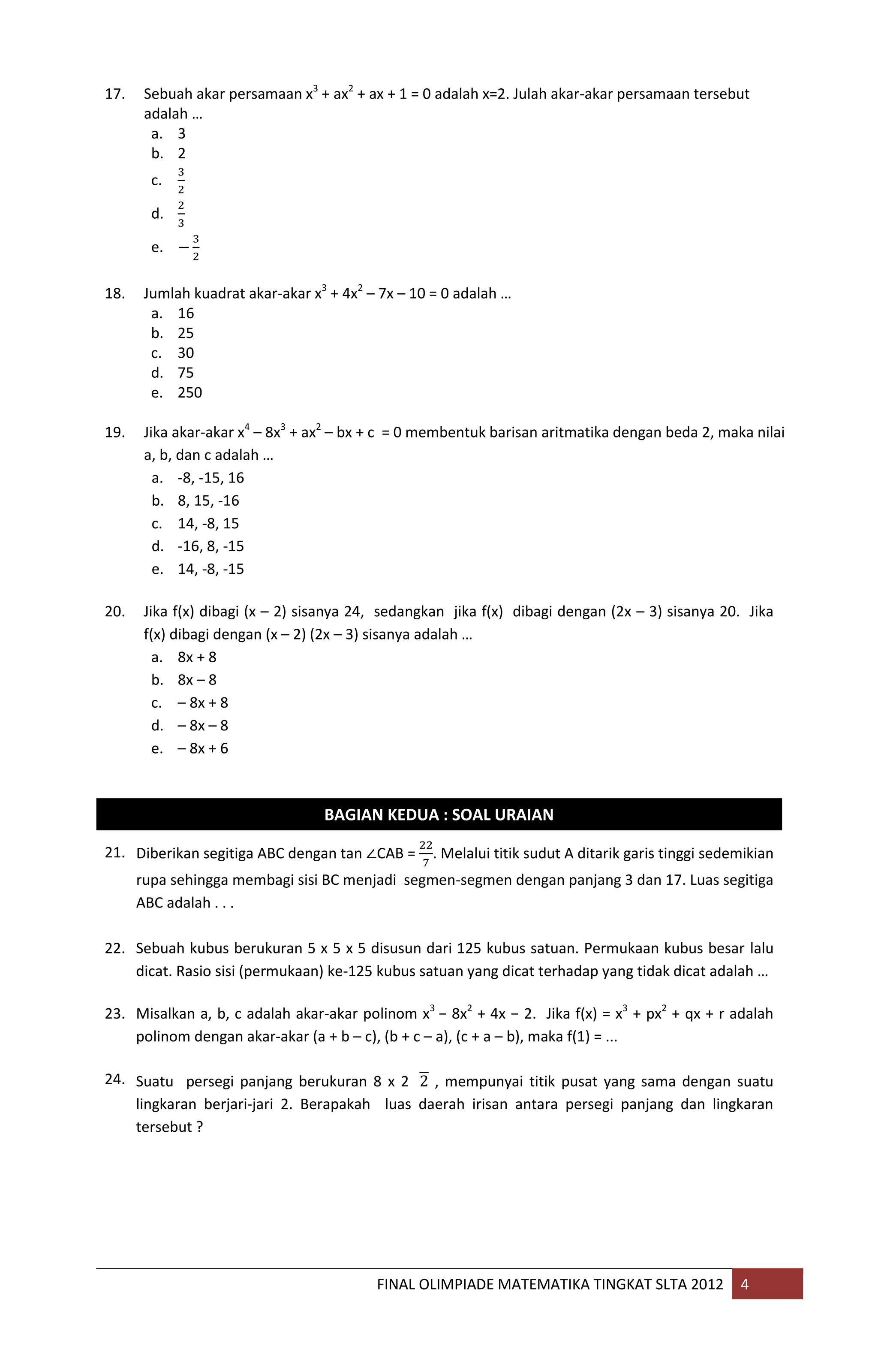 Soal Olimpiade Matematika SMA Tingkat Nasional PDIM UB 2012 | PDF