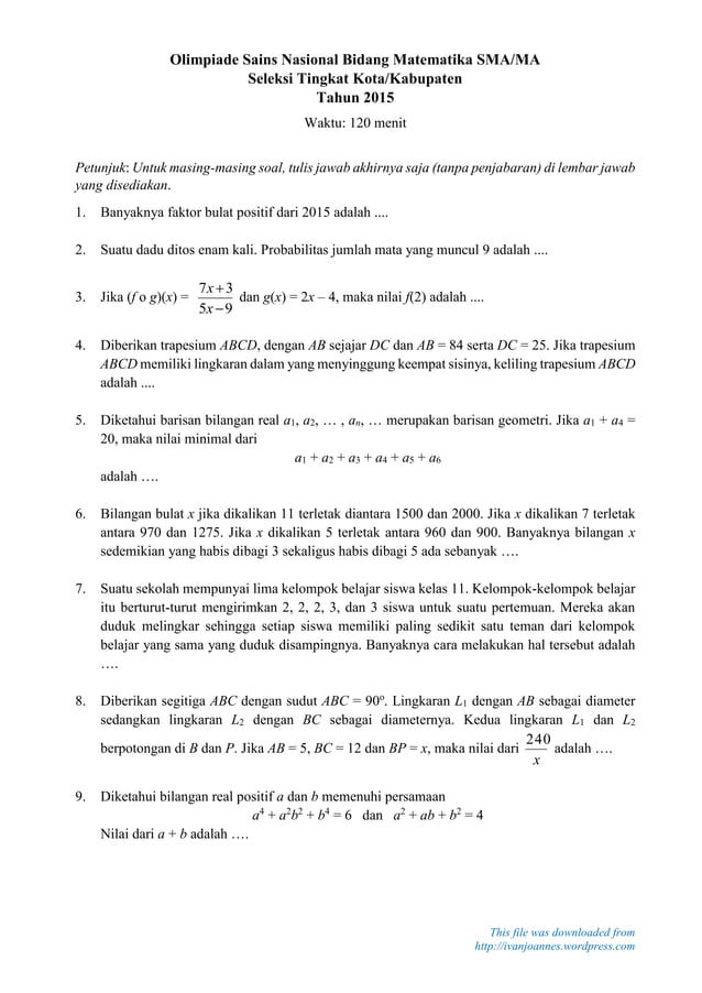 Soal OSK Matematika 2015 | PDF