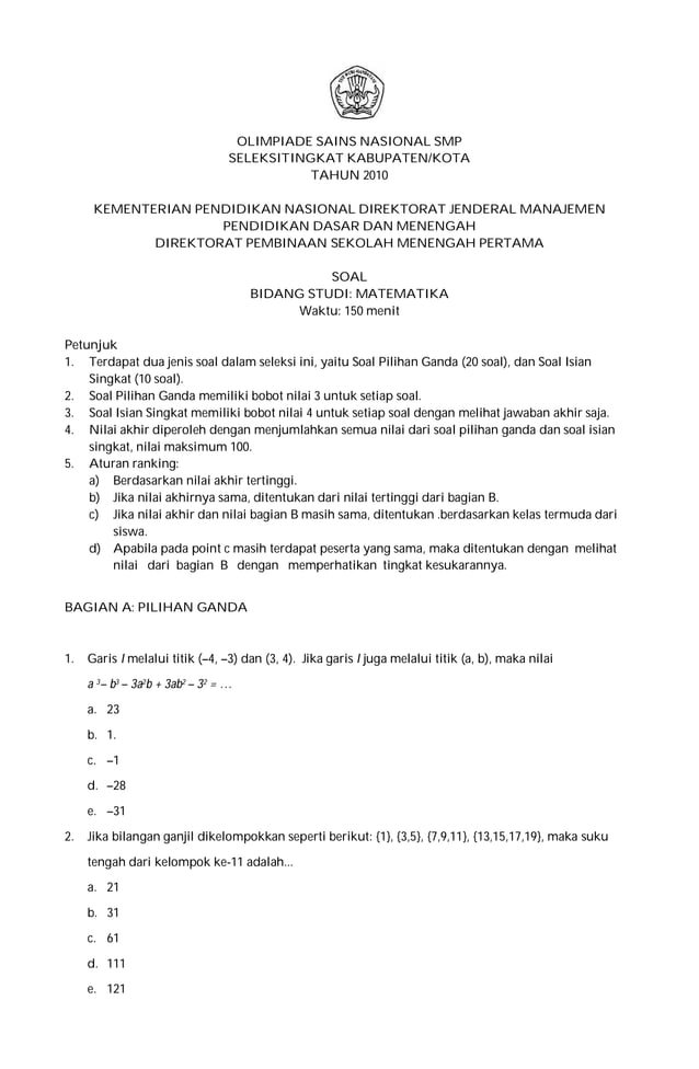Soal osk matematika smp 2010 | PDF