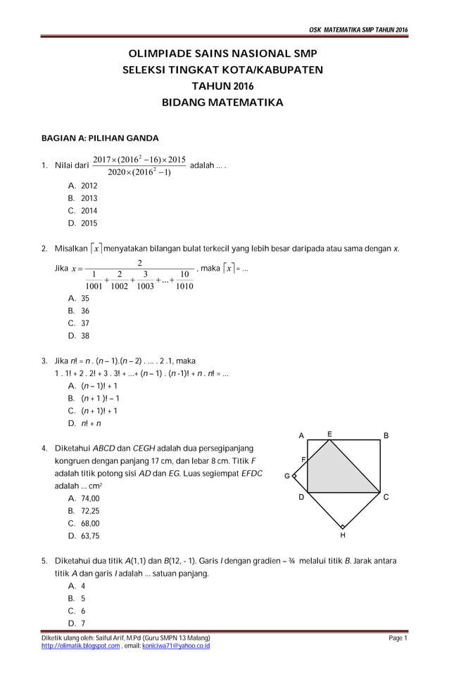 Soal osk matematika smp 2016 | PDF
