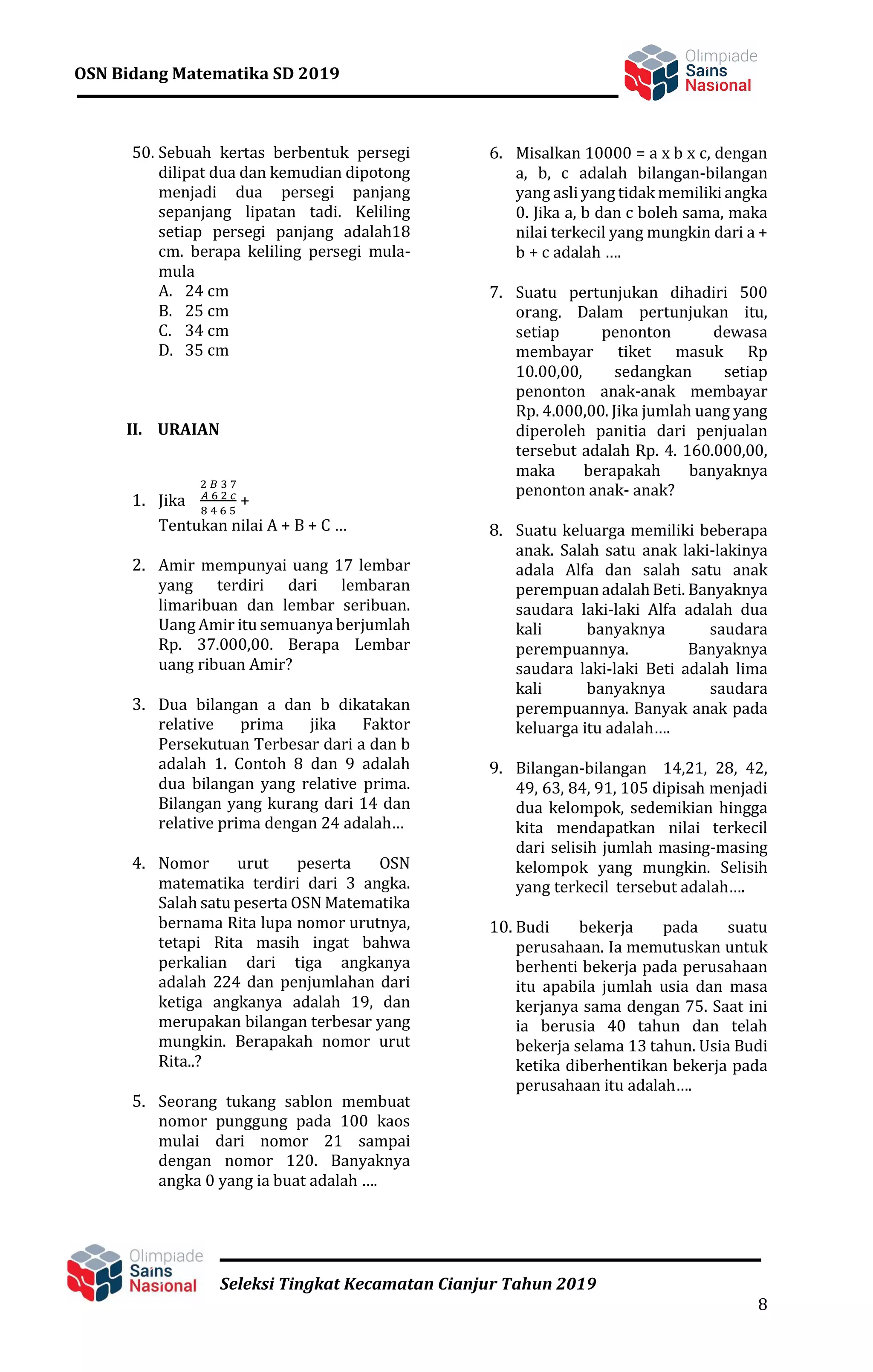 Soal osn matematika 2019 | PDF