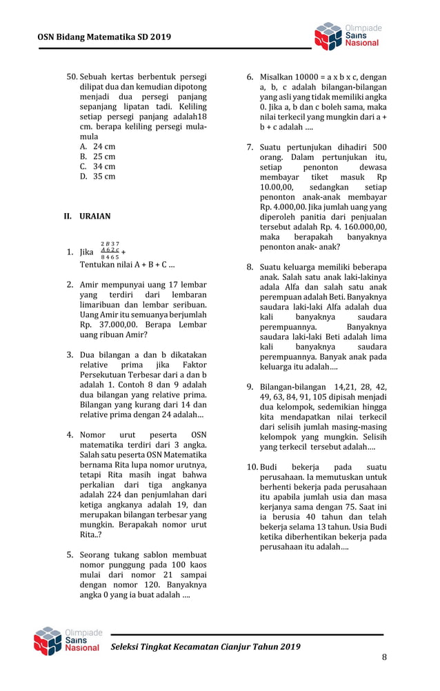Soal osn matematika 2019 | PDF