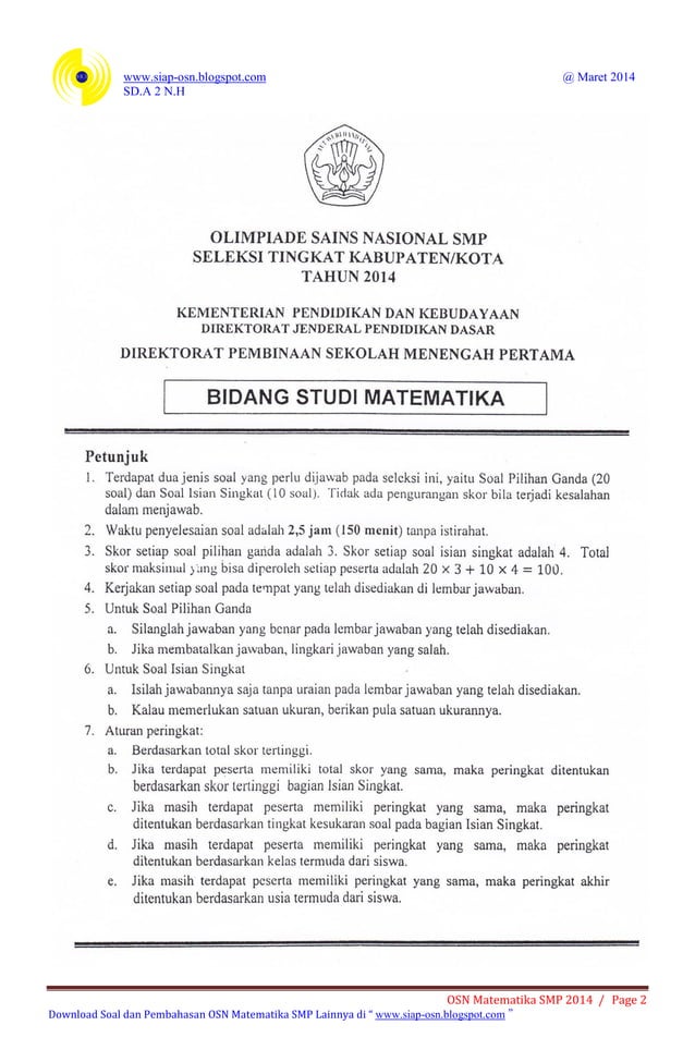 Soal osn matematika smp 2014 tingkat kabupaten | PDF