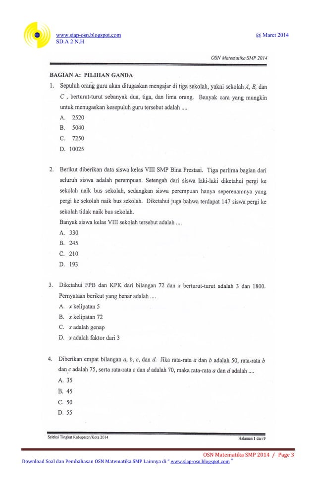 Soal osn matematika smp 2014 tingkat kabupaten | PDF