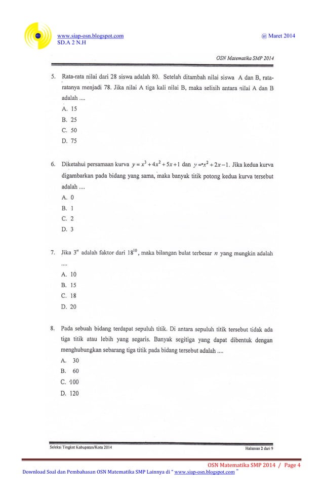 Soal osn matematika smp 2014 tingkat kabupaten | PDF