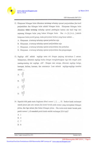 Soal osn matematika smp 2014 tingkat kabupaten | PDF