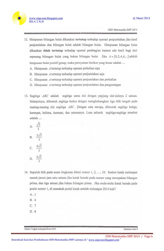 Soal osn matematika smp 2014 tingkat kabupaten | PDF