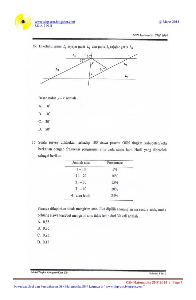 Soal osn matematika smp 2014 tingkat kabupaten | PDF
