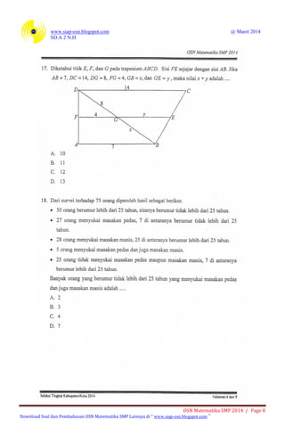 Soal osn matematika smp 2014 tingkat kabupaten | PDF