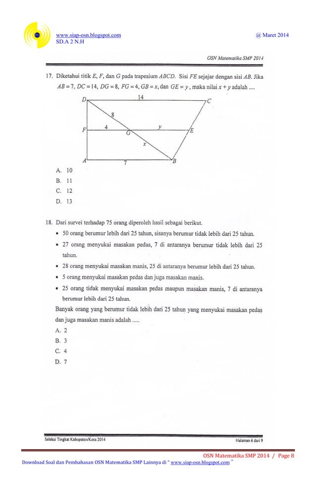 Soal osn matematika smp 2014 tingkat kabupaten | PDF