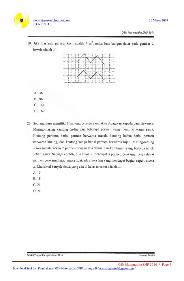 Soal osn matematika smp 2014 tingkat kabupaten | PDF