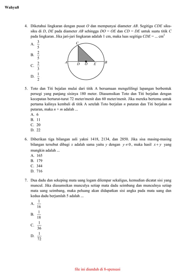 Soal osn smp bidang matematika tingkat kabupaten tahun 2015 | PDF