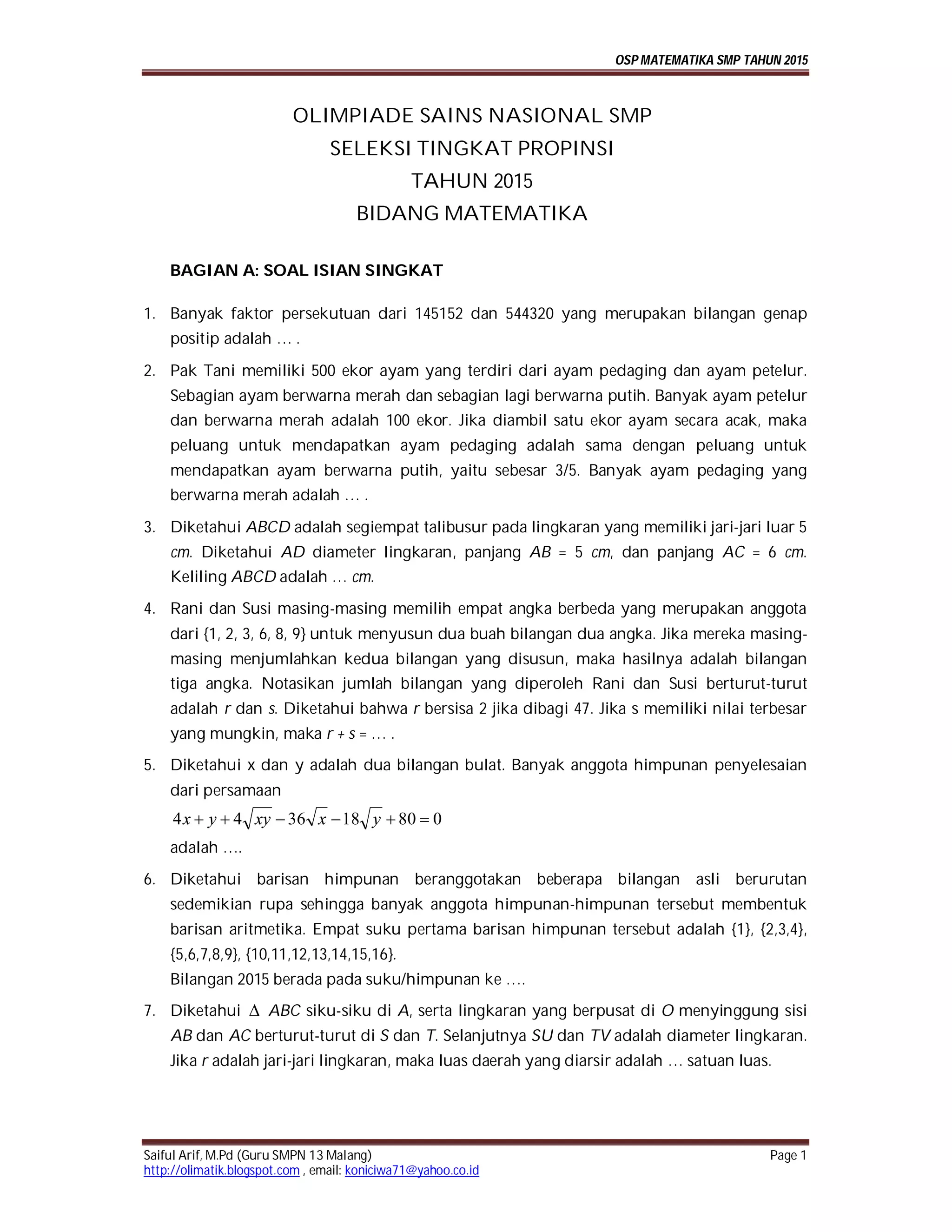Soal osp matematika smp 2015 | PDF