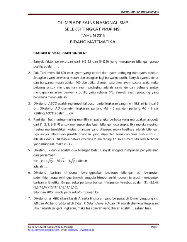 Soal osp matematika smp 2015 | PDF