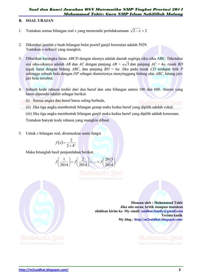 Soal osp matematika smp propinsi 2014 | PDF