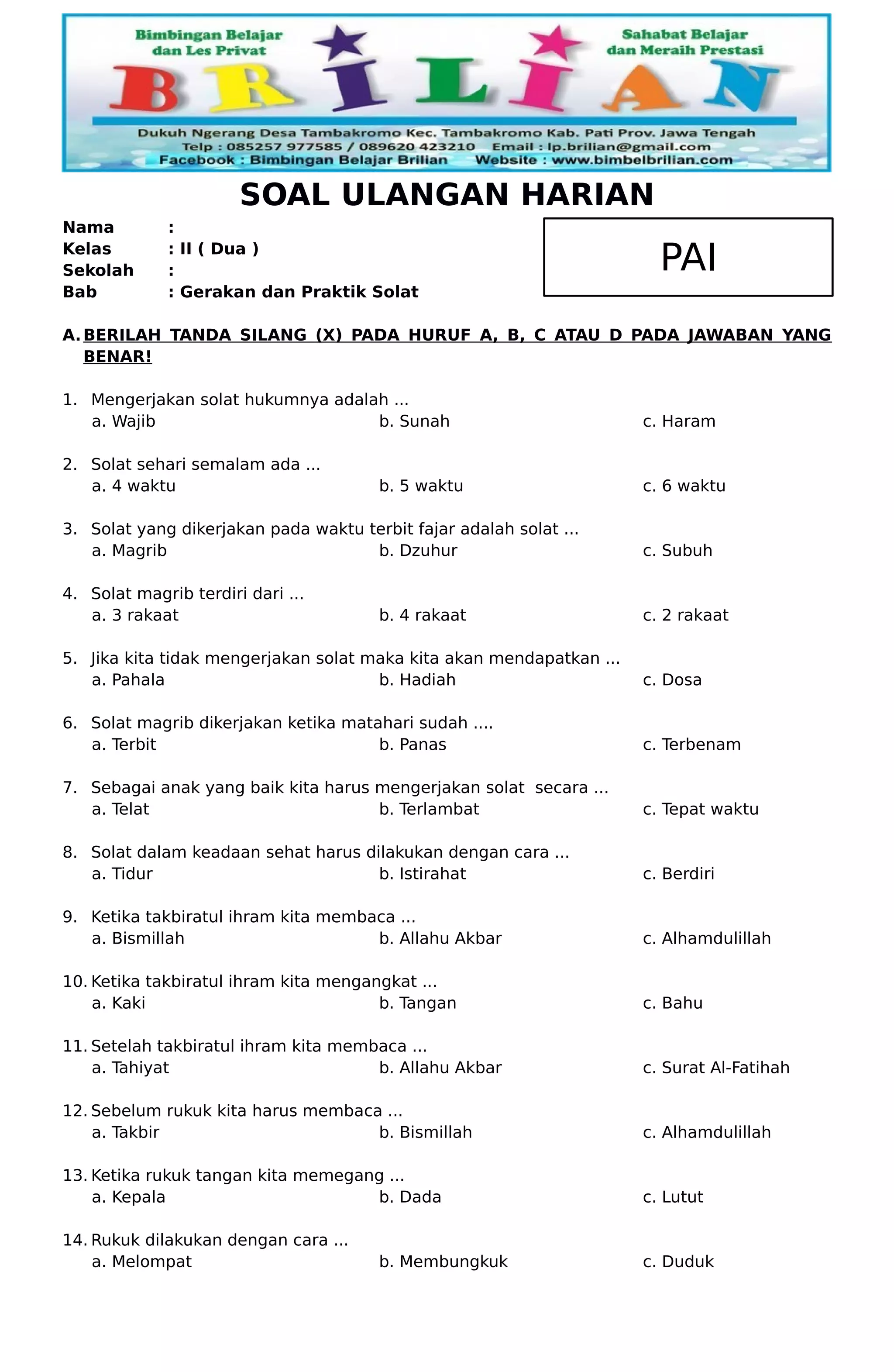 Soal pai kelas 2 sd bab gerakan dan praktik solat dan kunci jawaban | PDF