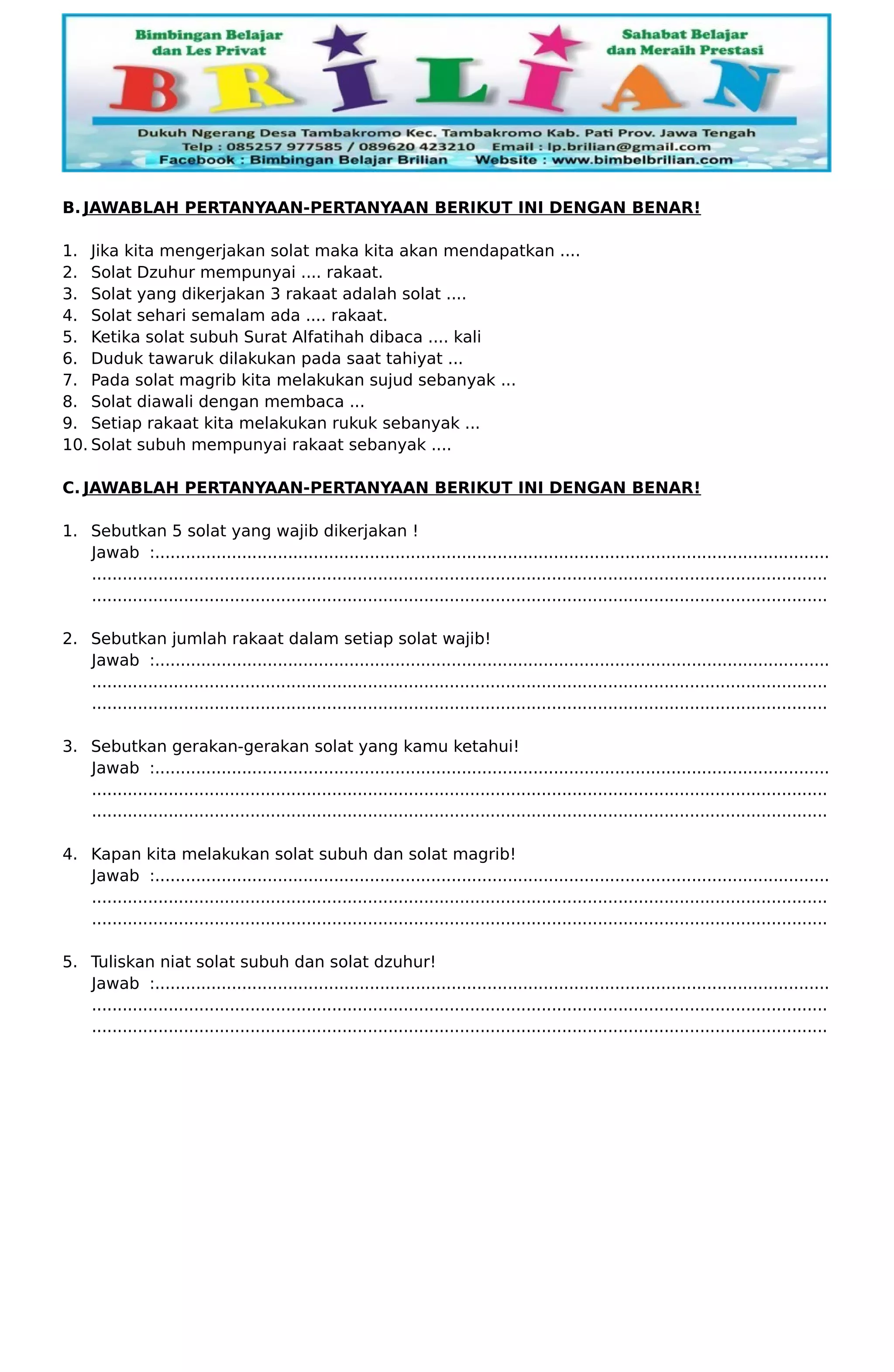 Soal pai kelas 2 sd bab gerakan dan praktik solat dan kunci jawaban | PDF