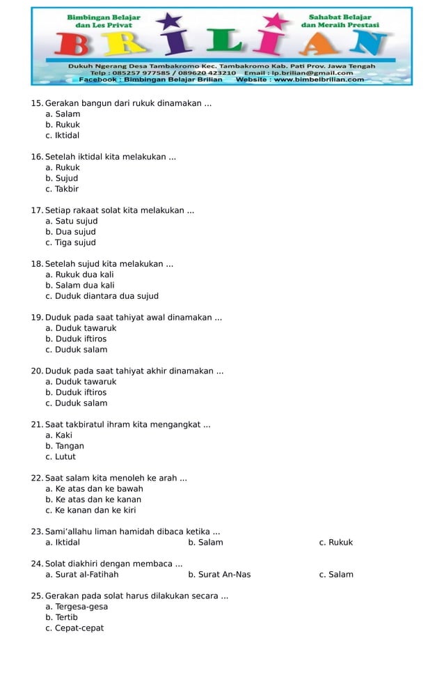 Soal pai kelas 2 sd bab gerakan dan praktik solat dan kunci jawaban | PDF