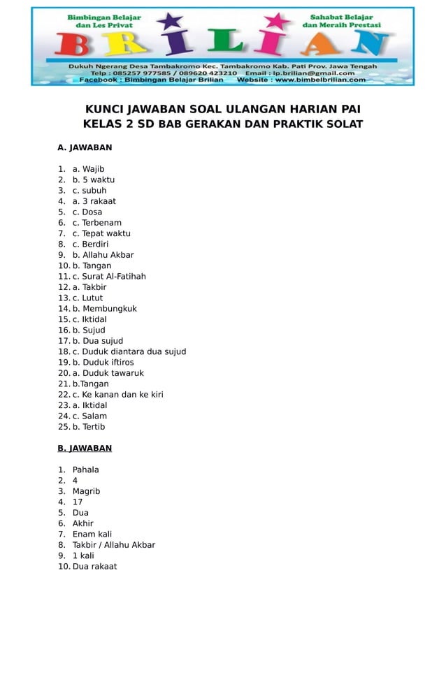 Soal pai kelas 2 sd bab gerakan dan praktik solat dan kunci jawaban | PDF