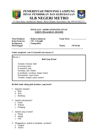 Soal pas 2021-2022 bahasa Indonesia kls vii tunagrahita ringan | DOCX