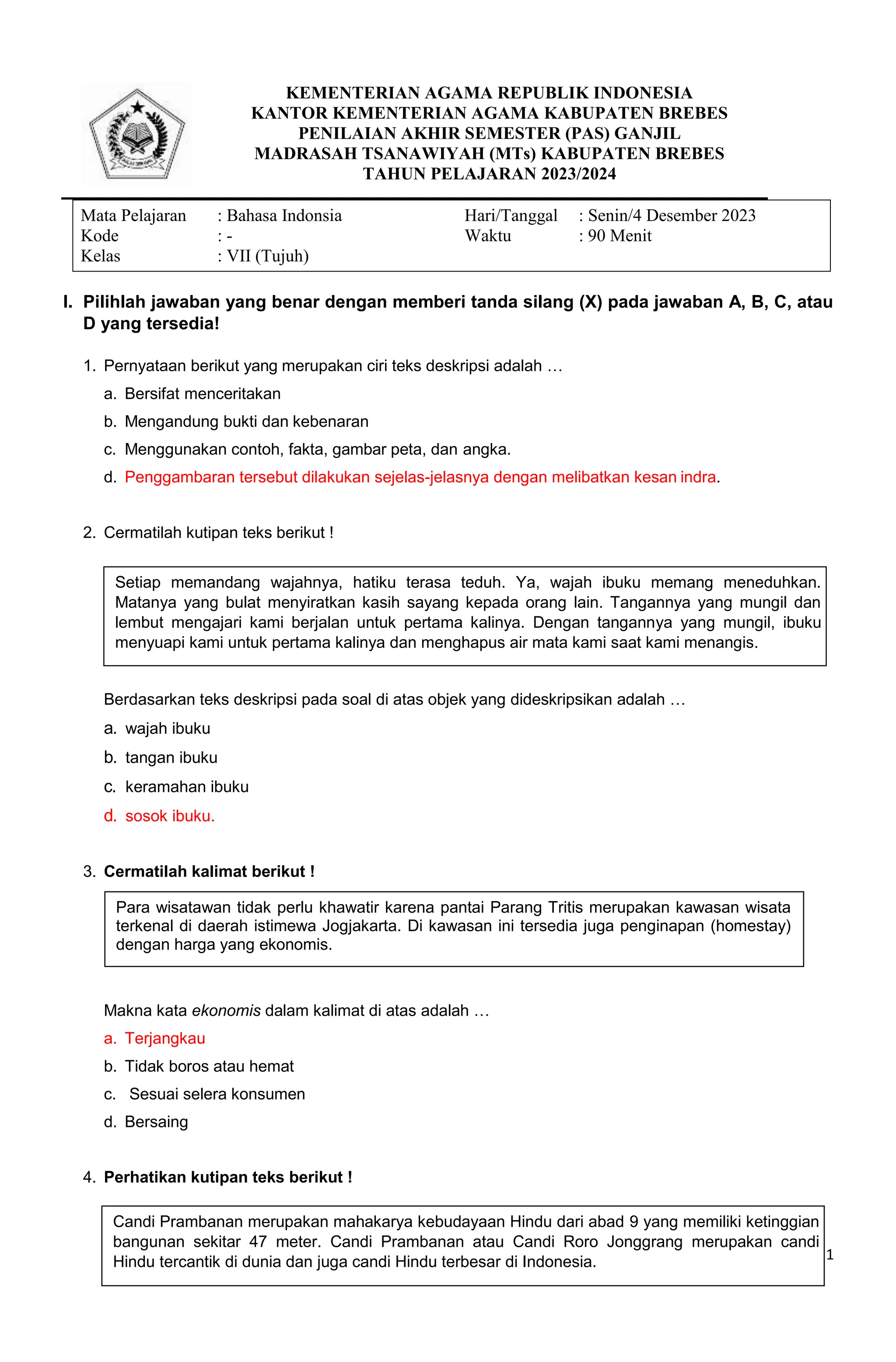 SOAL PAS GANJIL 7 KURMER materi SKI (AutoRecovered).doc