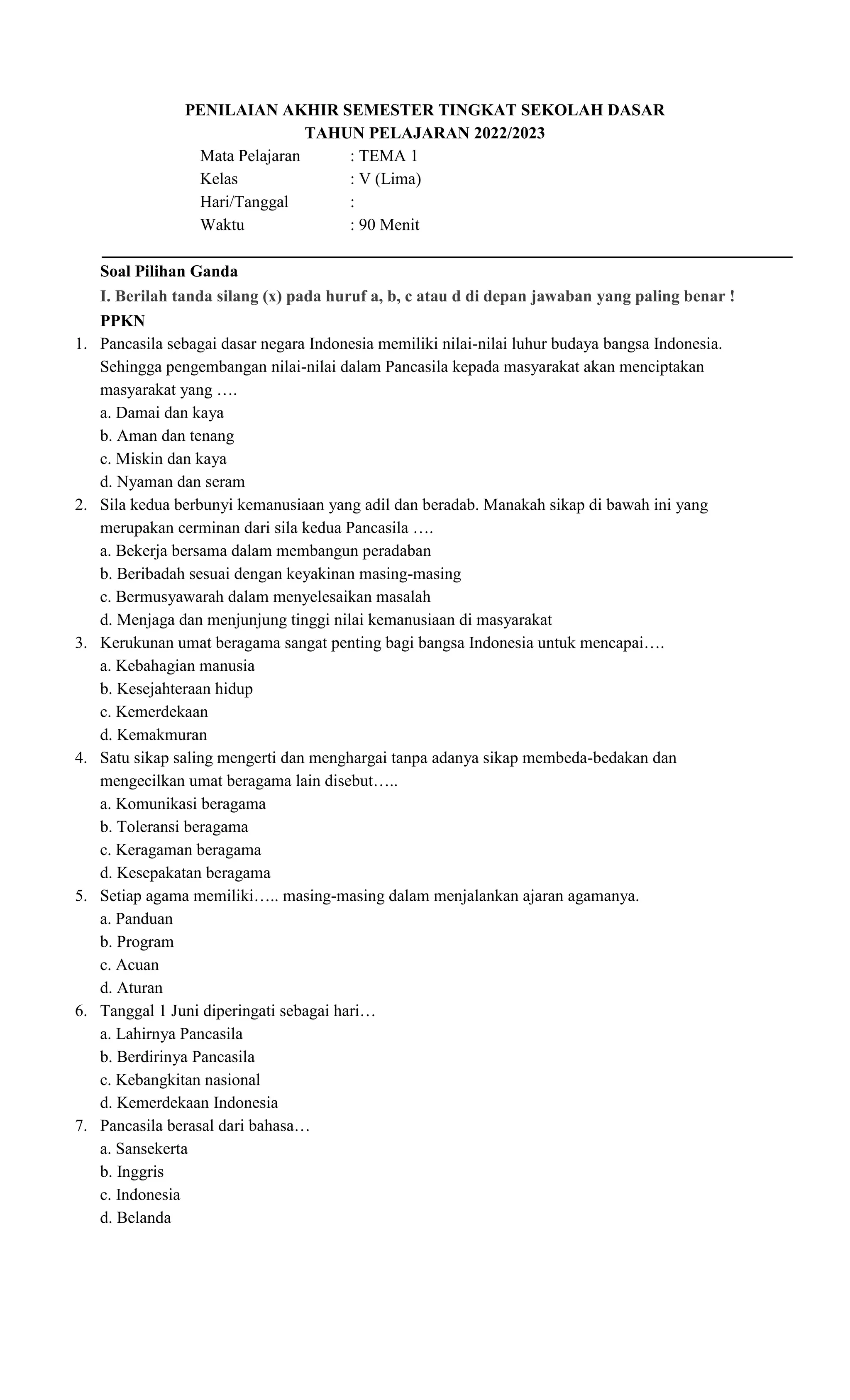 SOAL PENILAIAN AKHIR SEMESTER KELAS 5 TEMA 1.docx