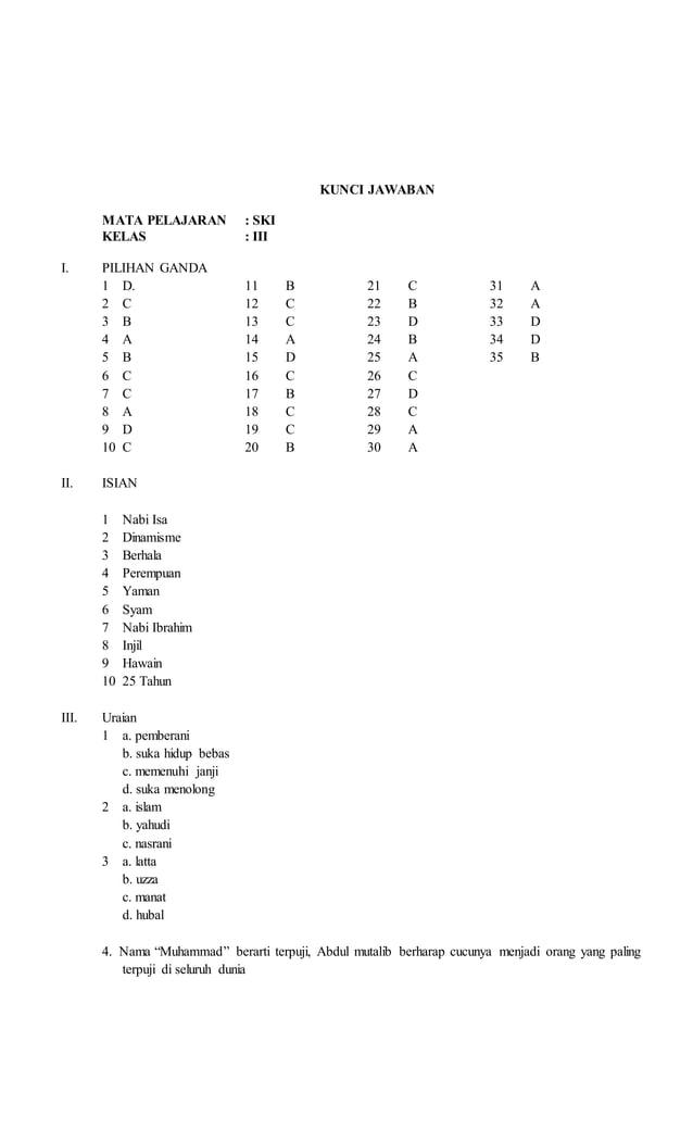 Soal PAS kelas 3 sejarah kebudayaan islam semester ganjil 2018 2019 | PDF
