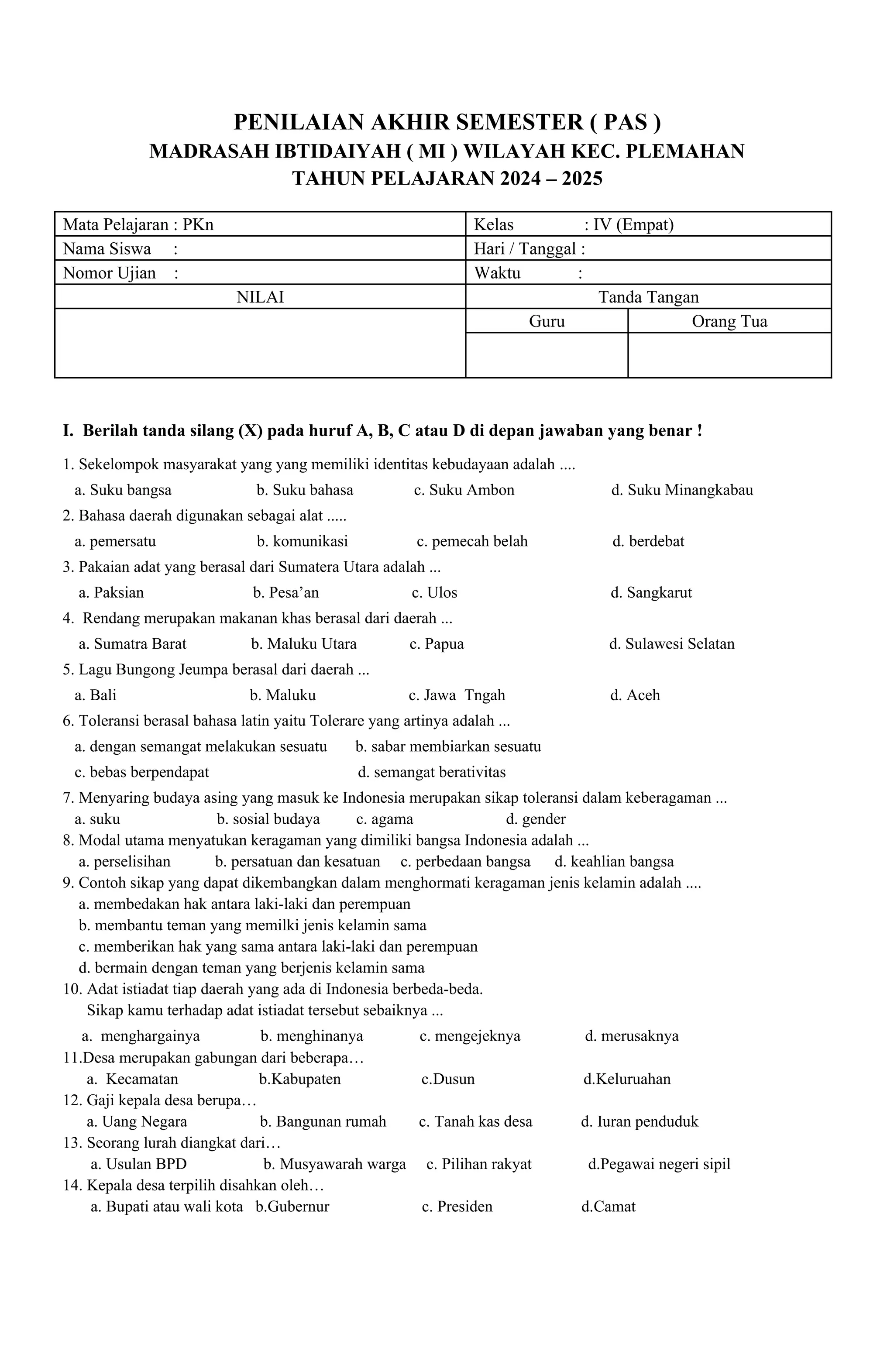 Soal PAS PKn Kls 4 2024.docx indonesiaa | PDF