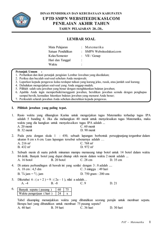 Soal pat mtk kelas 7 k13 (websiteedukasi.com) | DOCX