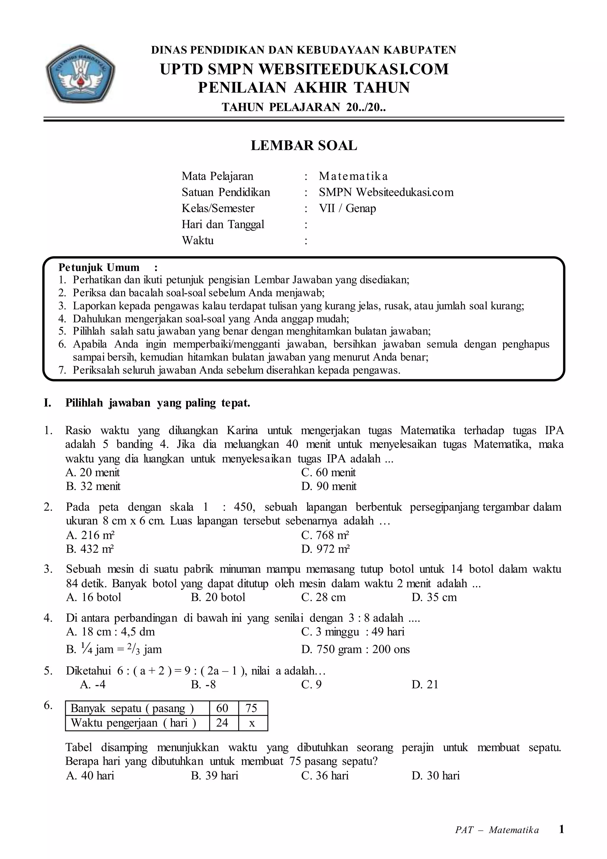 Soal pat mtk kelas 7 k13 (websiteedukasi.com) | DOCX